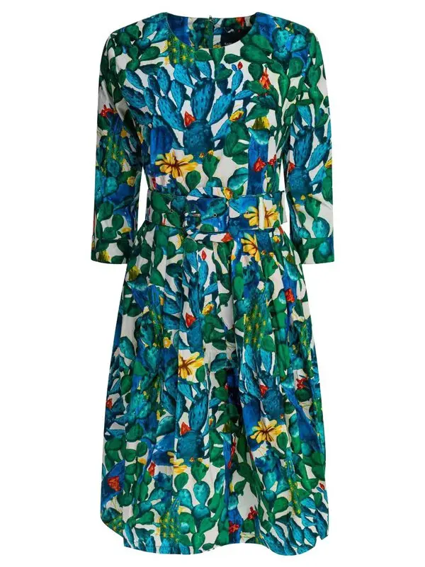 Samantha Sung Rachel Cactus-print Belted Midi Dress - Blue