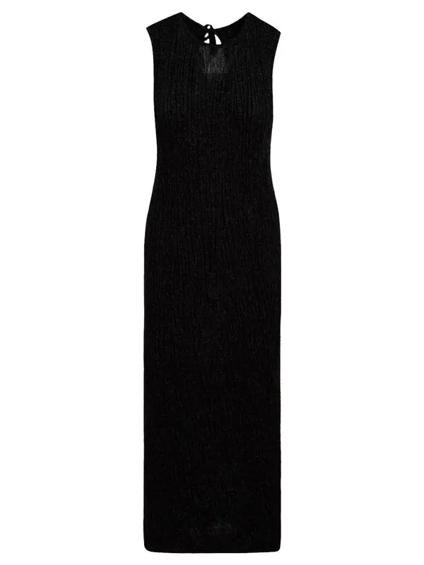 AKEP Ribbed American Neckline Long Dress - Black