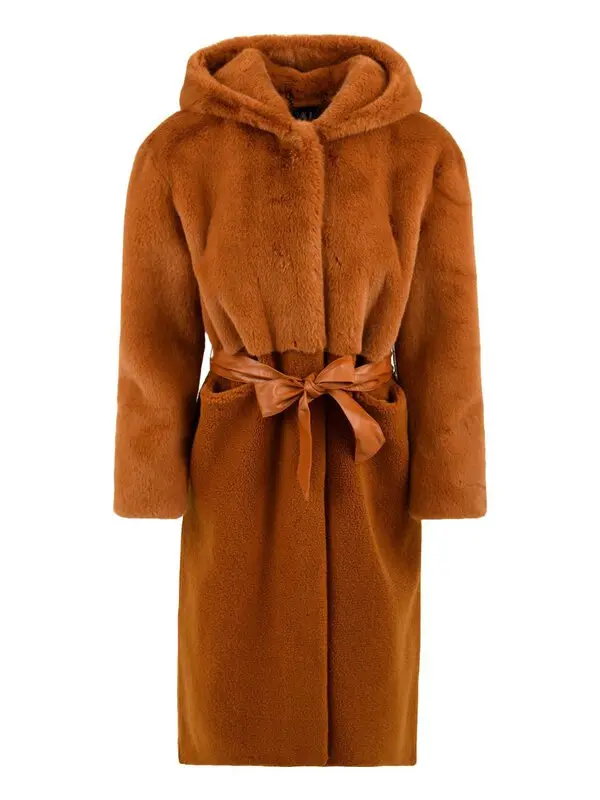 BOMBOOGIE Hooded Faux Fur Coat - 671 Inca Gold