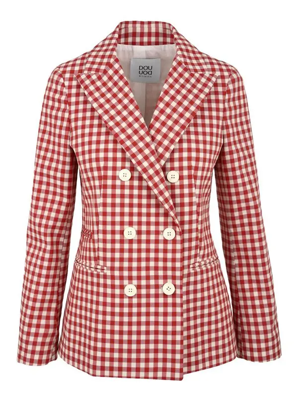DOUUOD Gingham Double Breasted Blazer - Red