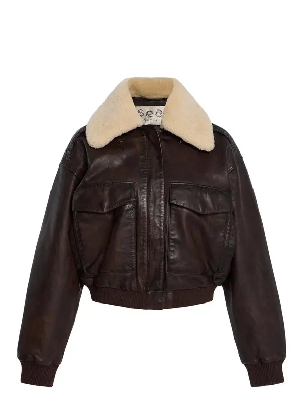 Sea Shearling-trimmed Leather Bomber Jacket - Brown