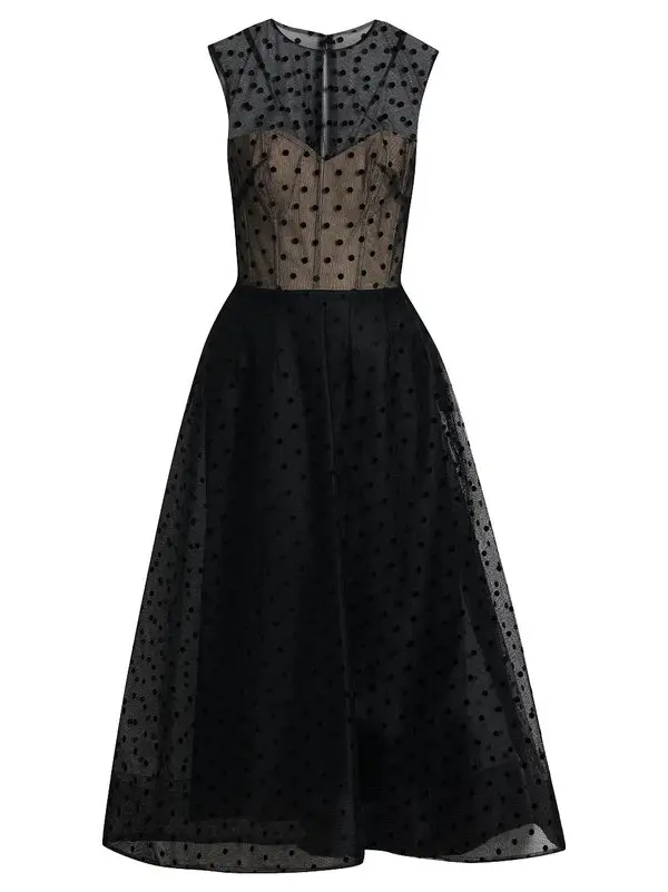 Monique Lhuillier Polkadot Flocked Tulle Midi Dress - Black