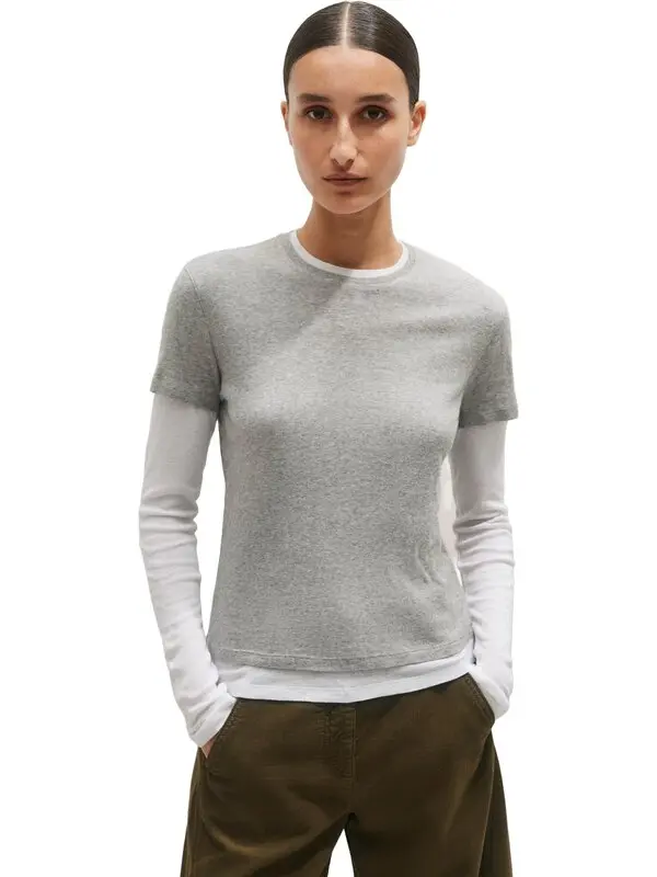 ME+EM Sheer Ribbed Layered Top - Grey Melange/soft White