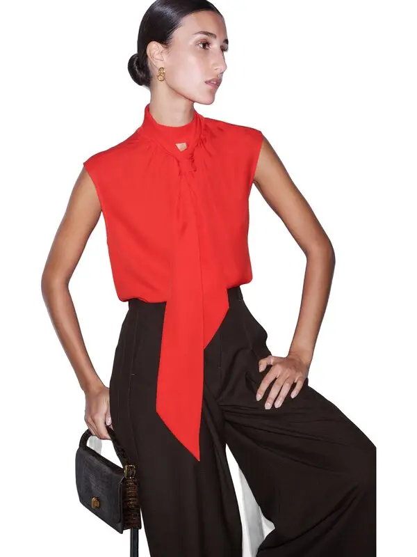 ME+EM Tie-neck Silk Top - Poppy Red
