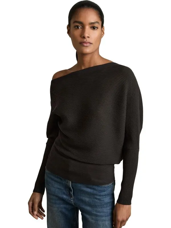 REISS Lorna Asymmetric Draped Knitted Jumper - Chocolate Brown