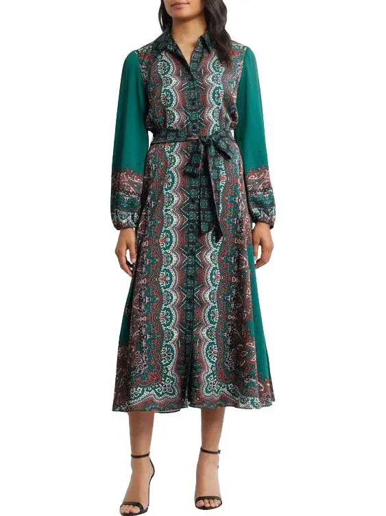Julia Jordan Printed Long Sleeve Shirtdress - Green Multi
