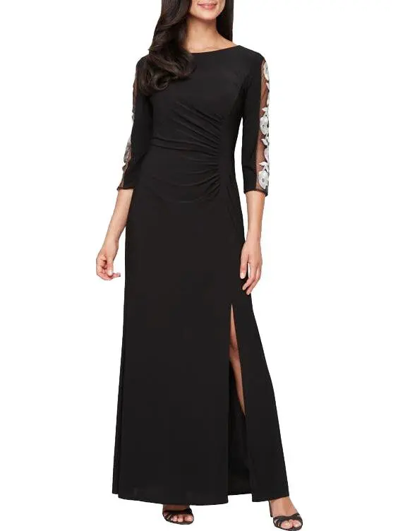 SL FASHIONS Embroidered Illusion Sleeve Jersey Gown - Black Ivory