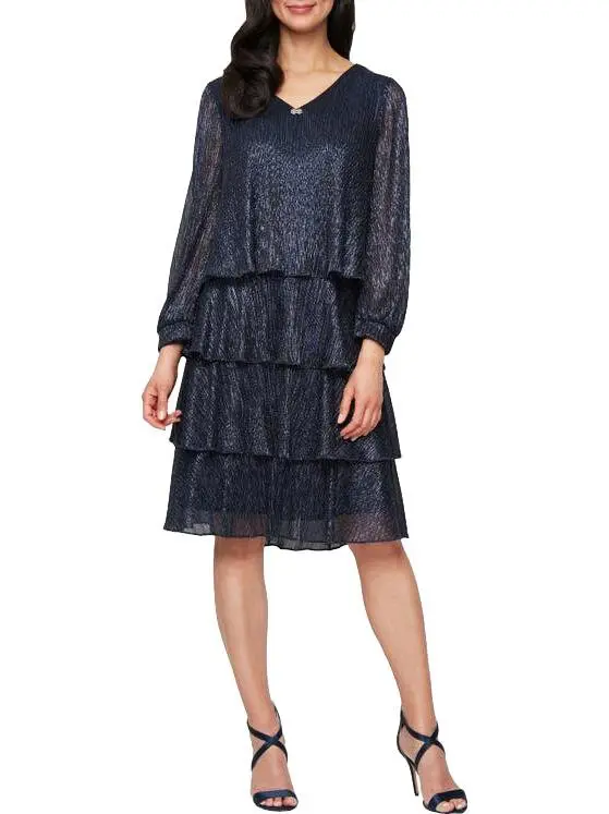 SL FASHIONS Metallic Long Sleeve Drop Waist Cocktail Dress - Navy