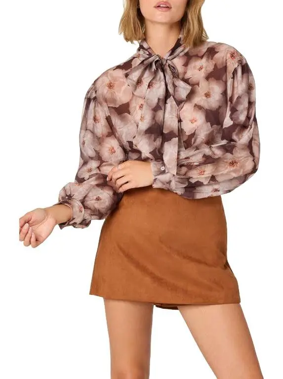 Astr The Label Floral Tie Neck Top - Brown Floral