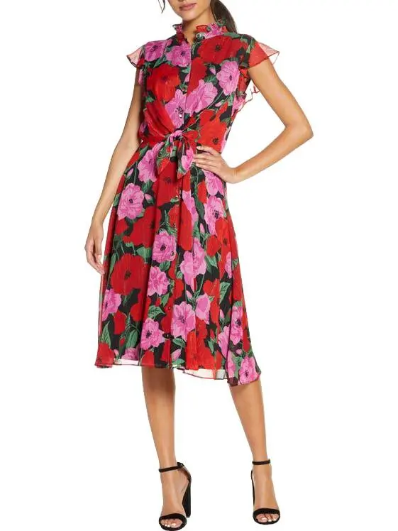 Julia Jordan Floral Flutter Sleeve Fit & Flare Dress - Red Multi