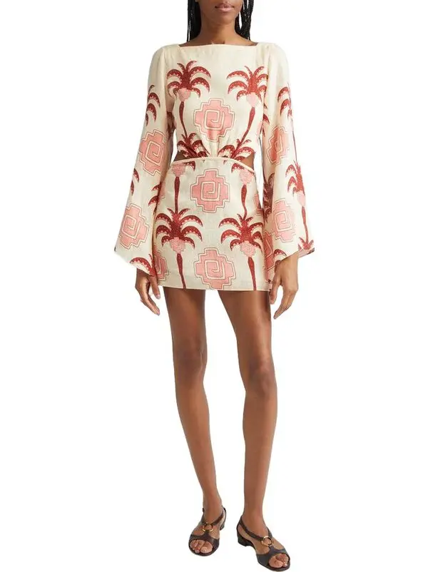 Johanna Ortiz Wave After Wave Long-sleeve Linen Mini Dress - Ecru/paprika/light Pink