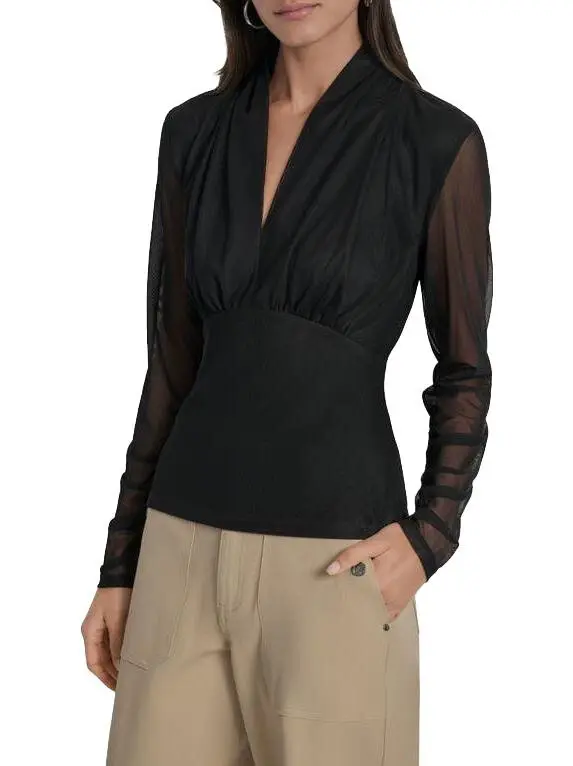 Dkny V-neck Top With Mesh Sleeves - Black