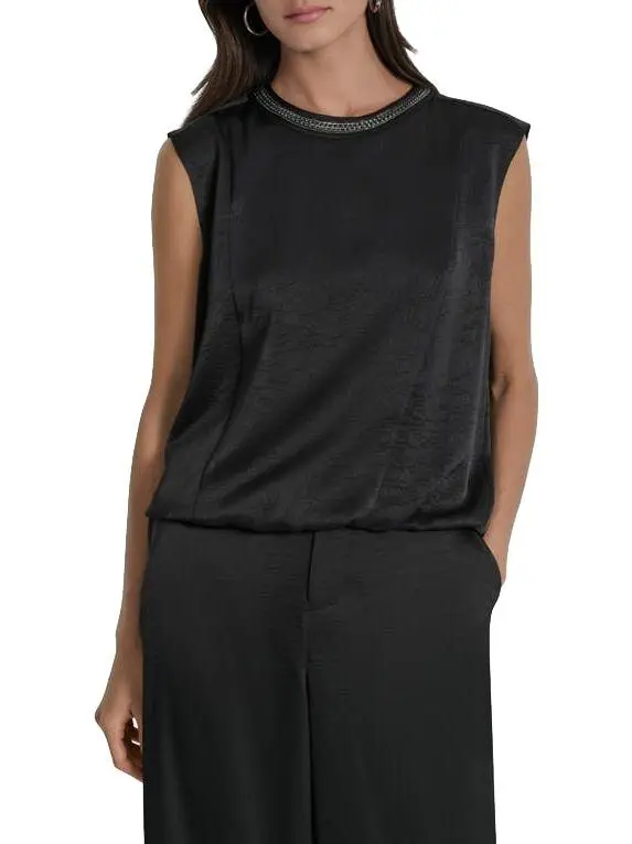 Dkny Chain Detail Sleeveless Crinkle Satin Top - Black