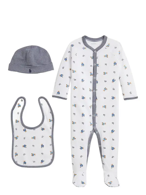 Ralph Lauren Cotton Interlock Footie With Bib And Hat - White Blue Multi