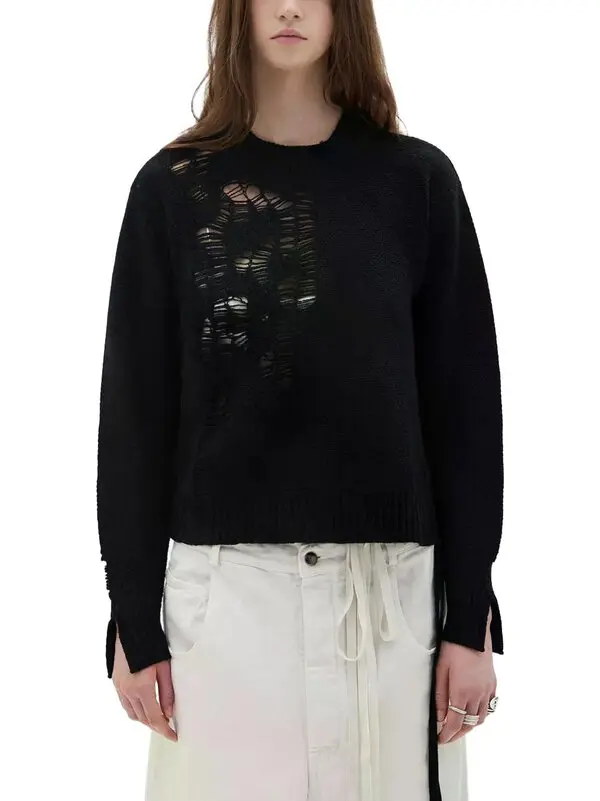 ANN DEMEULEMEESTER Side-tie Distressed Wool Sweater - Black