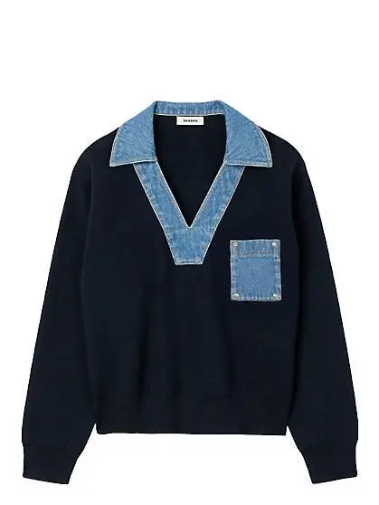 Sandro Denim-detail Relaxed-fit Knitted Jumper - Navy Blue