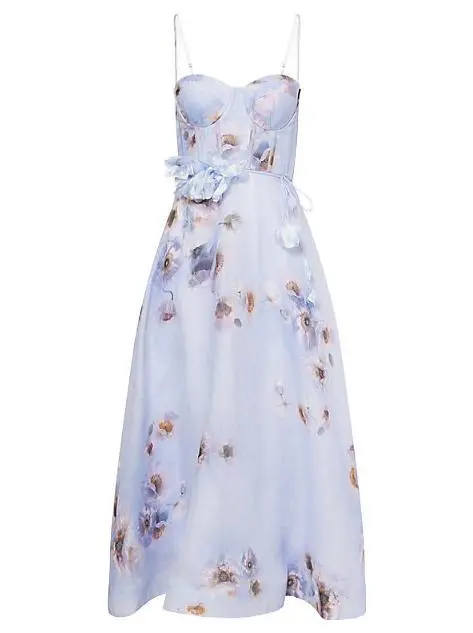 Zimmermann Hypnotic Bodice Linen And Silk Midi Dress - Lilac Poppy