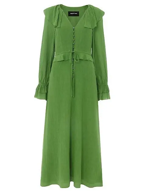 Whistles Frilled Ruffled Woven Midi Dress - Green