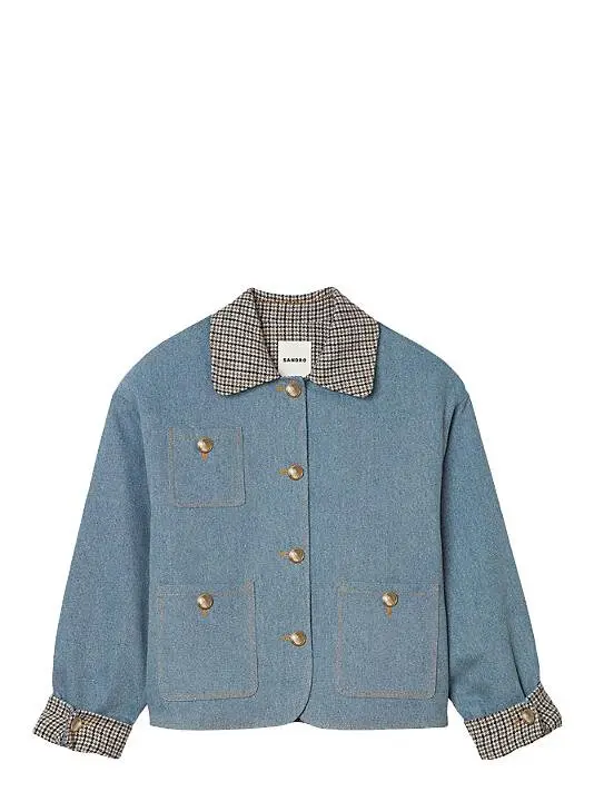 Sandro Checked-collar Patch-pocket Denim Jacket - Blue Jean