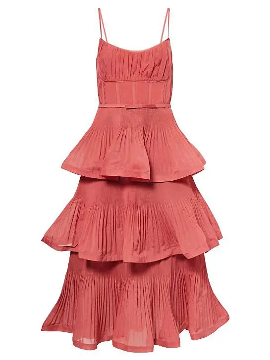 Zimmermann Pleated Tiered Woven Midi Dress - Rose
