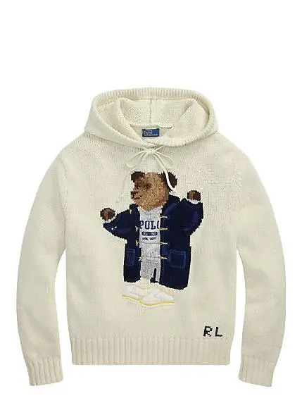 Ralph Lauren Polo Bear Intarsia Cotton And Linen-blend Hooded Jumper - Parchment Cream