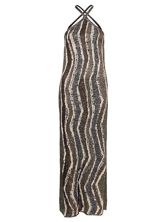 Missoni Halterneck Metallic Knitted Midi Dress - Brown Tones Stripes