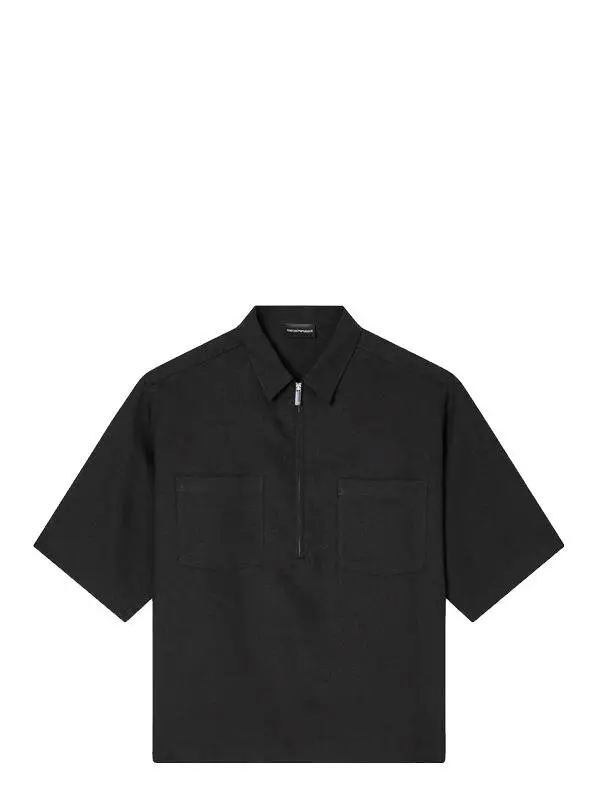 Emporio Armani Pure Linen Shirt With Partial Zip - Black