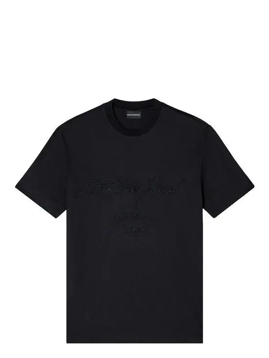 Emporio Armani Asv Lyocell-blend Jersey T-shirt With Oversized Embroidery - Black