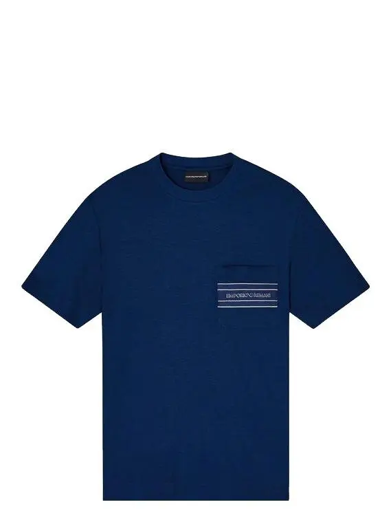 Emporio Armani Lyocell Blend Jersey T-shirt With Pocket And 3d-effect Logo - Blue