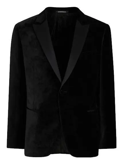 Emporio Armani Velvet Tuxedo Jacket With All-over Printed Motif - Black