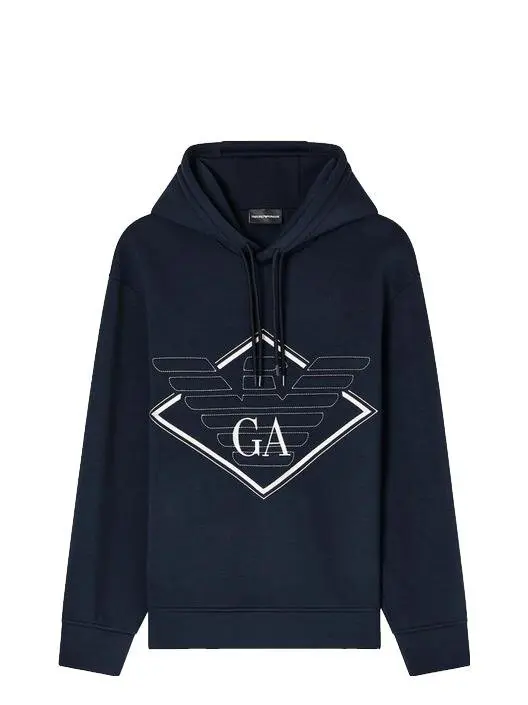 Emporio Armani Double-jersey Hooded Sweatshirt With Oversized Eagle Embroidery - Navy
