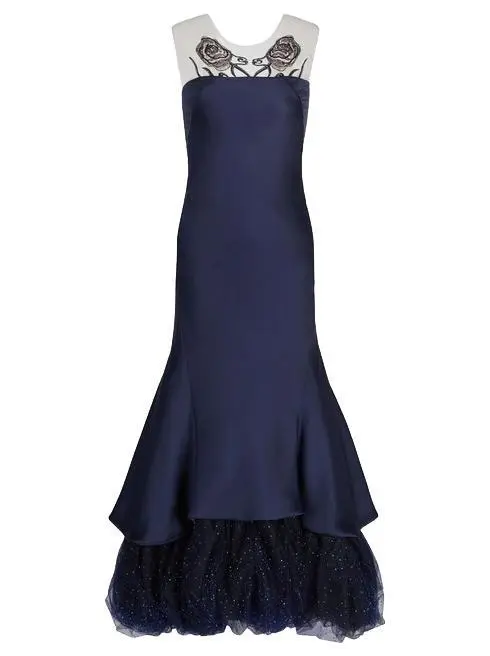 Giorgio Armani Long Bustier Dress In Silk And Embroidered Tulle - Black