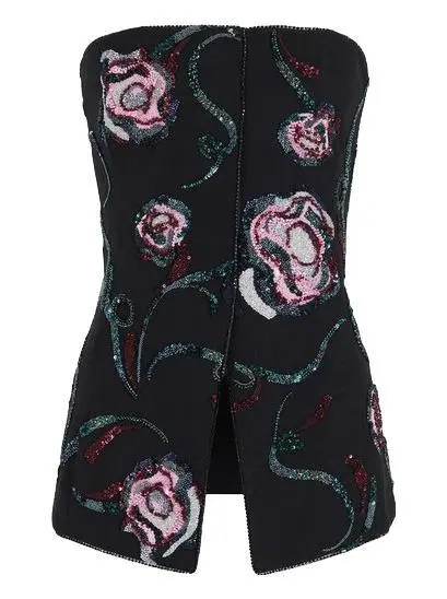 Giorgio Armani Floral Embroidered Bustier Top - Black