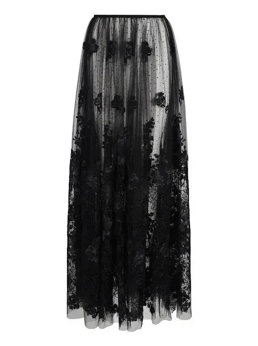 Giorgio Armani Long Skirt In Tulle And Embroidered Lace - Black