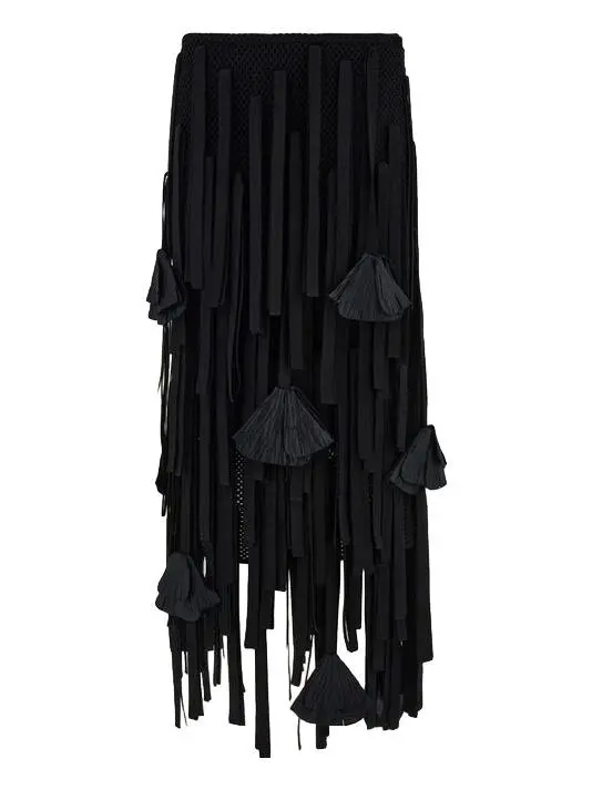 FERRAGAMO Mesh Midi Skirt With Floral Tassels - Black