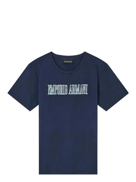 Emporio Armani Organic Cotton T-shirt With Logo Embroidery - Blue / Navy