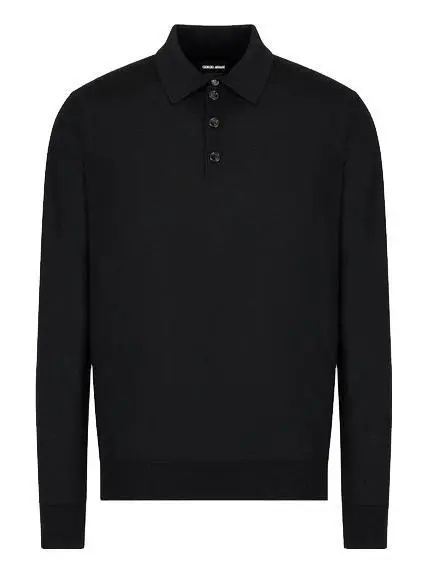 Giorgio Armani Long-sleeved Polo Shirt In Virgin Wool - Black