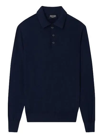 Giorgio Armani Long-sleeved Polo Shirt In Virgin Wool - Navy