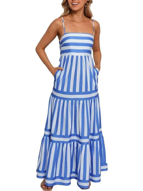 PETAL & PUP Emry Stripe Tiered Maxi Dress - Blue Stripe