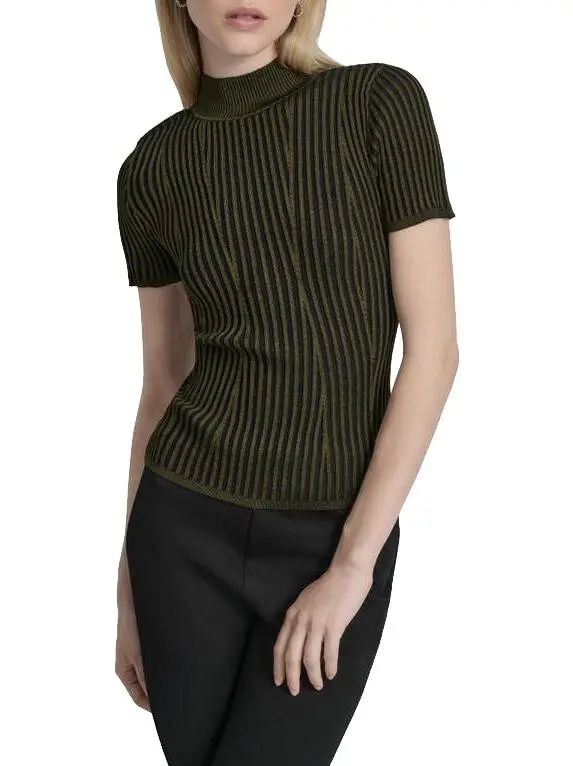 Dkny Knit Mock Neck Top - Dark Olive/black