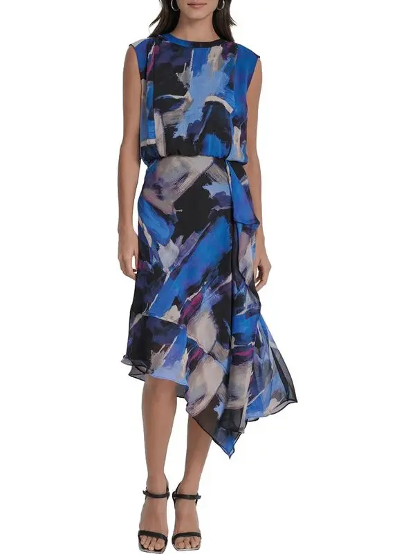 Dkny Sleeveless Asymmetric Midi Dress - Blue Brush