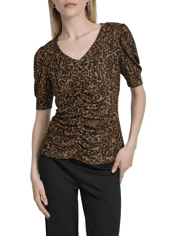 Dkny Print Ruched Puff Sleeve Top - Compact Cheetah