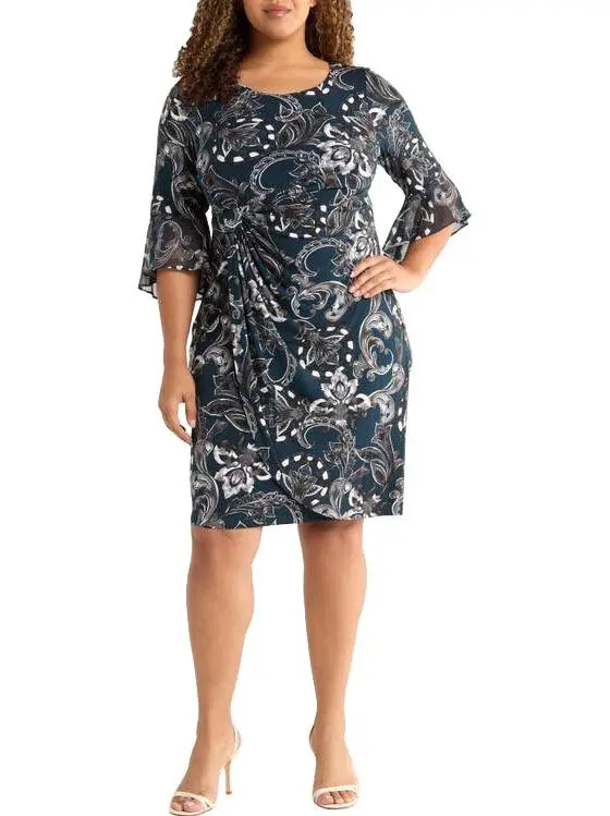 CONNECTED APPAREL Bell Sleeve Faux Wrap Dress - Dark Mallard