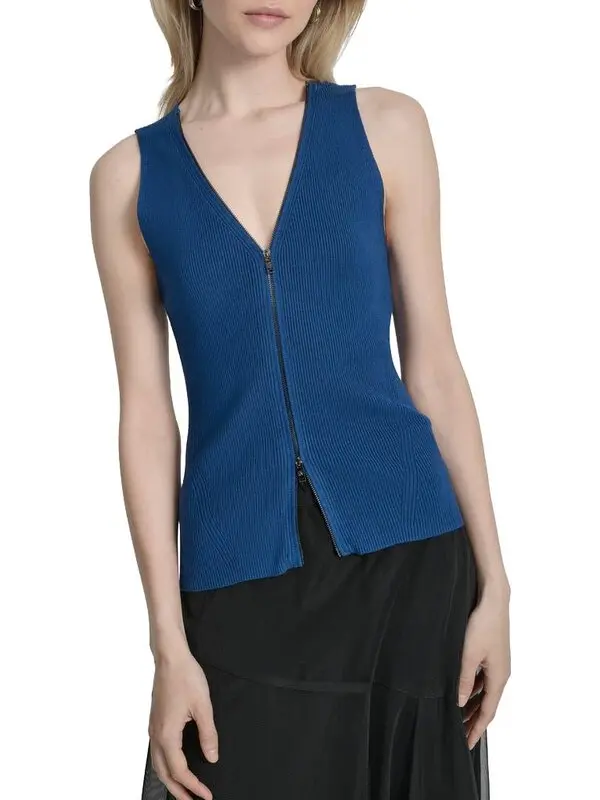 Dkny Ribbed Knit Two-way Zip Vest - Cadet Blue