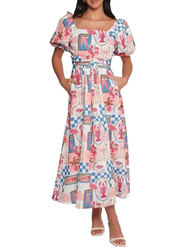 PETAL & PUP Cleo Puff Sleeve Cotton Midi Dress - Pink Blue