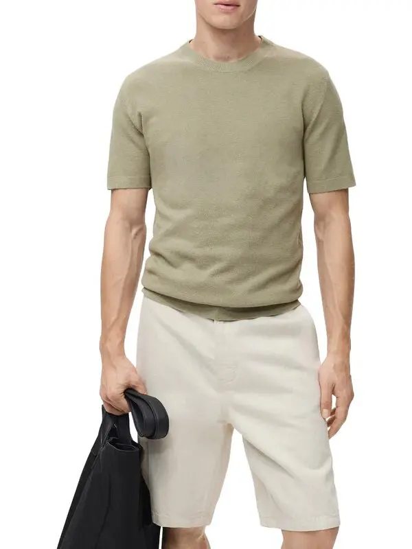 Mango Fine Knit Short Sleeve Sweater - Khaki Green