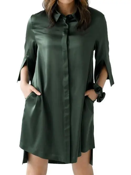 ALAS Silk Long Shirt Dress - Rich Green
