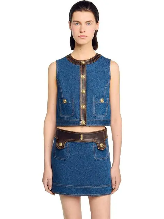 Sandro Denim And Leather Cropped Top - Dark Blue