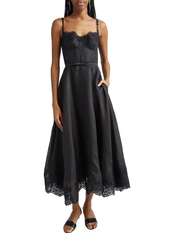 Zimmermann Hypnotic Lace Trim Corset Midi Dress - Black