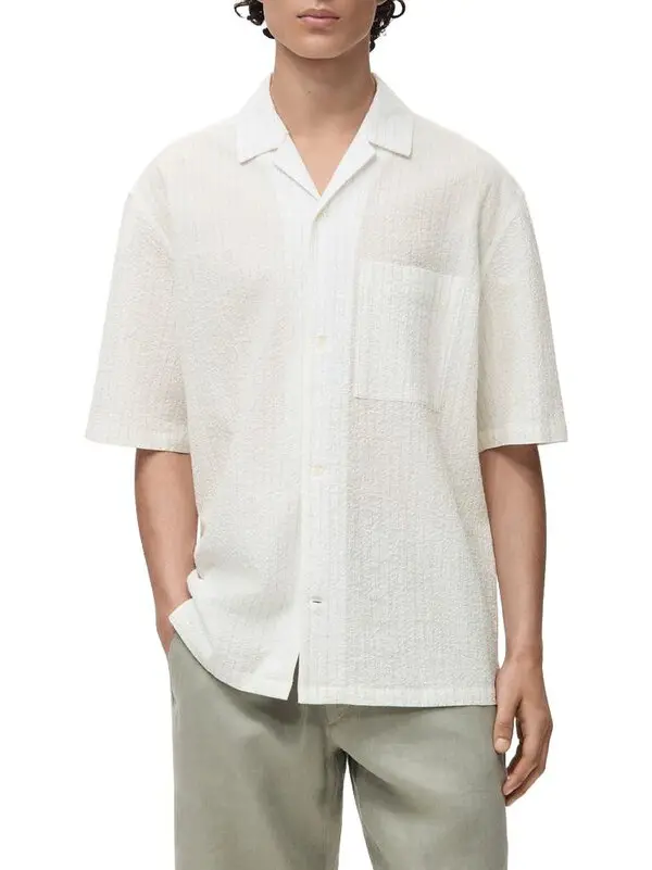 Mango Stripe Relaxed Fit Stretch Cotton Camp Shirt - Off White